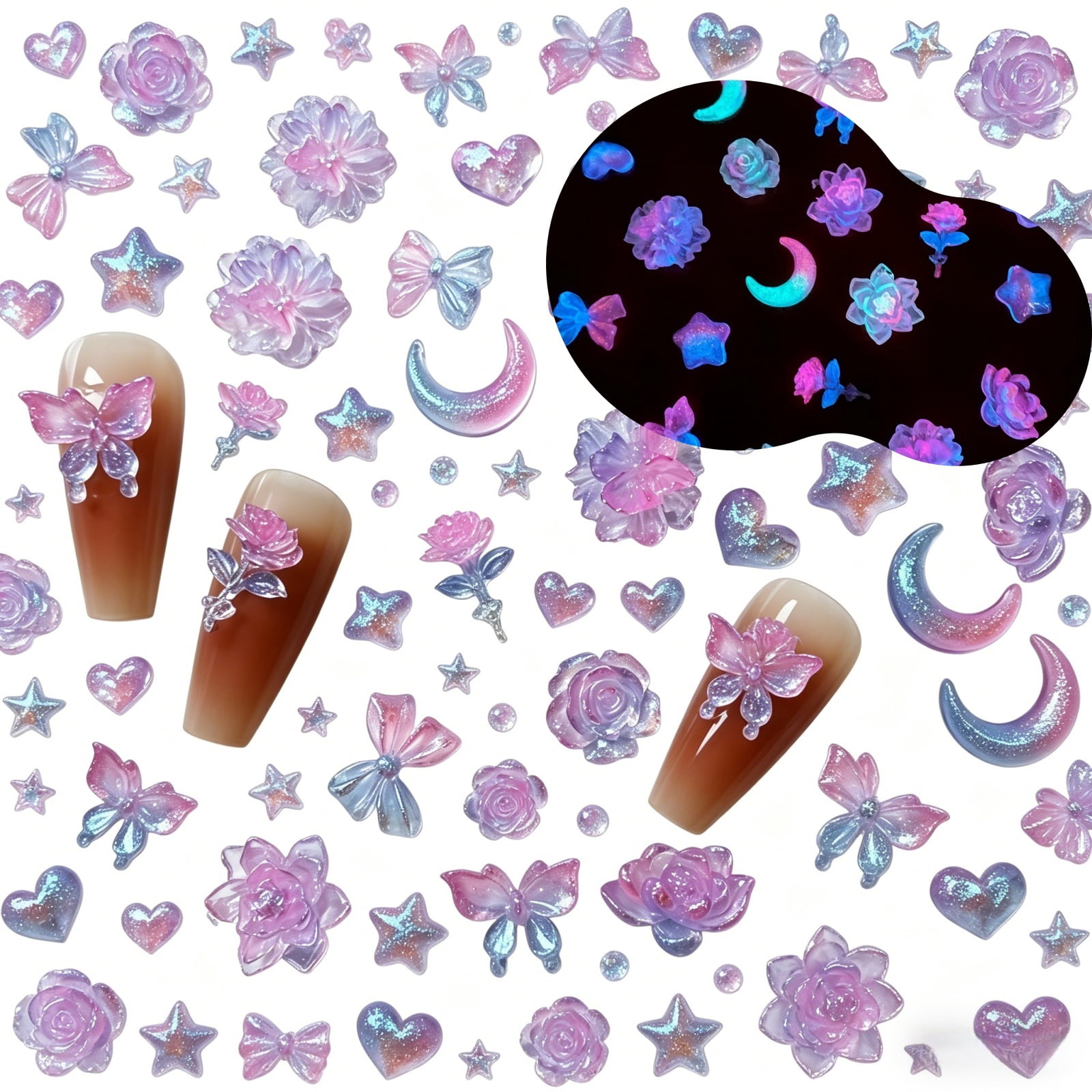 200PCS Tiny Glow in the Dark Resin Nail Art Charms, Shiny Purple Pink ...