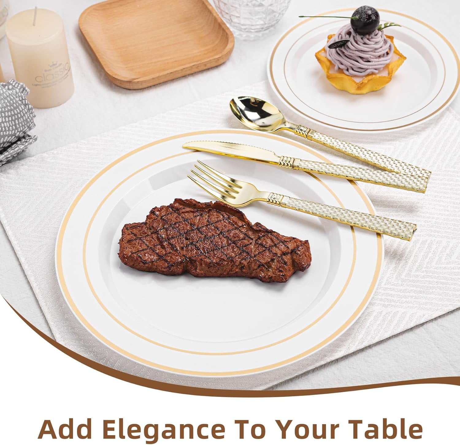 200PCS White Plastic Plates with Gold Rim, Disposable Heavy Duty ...