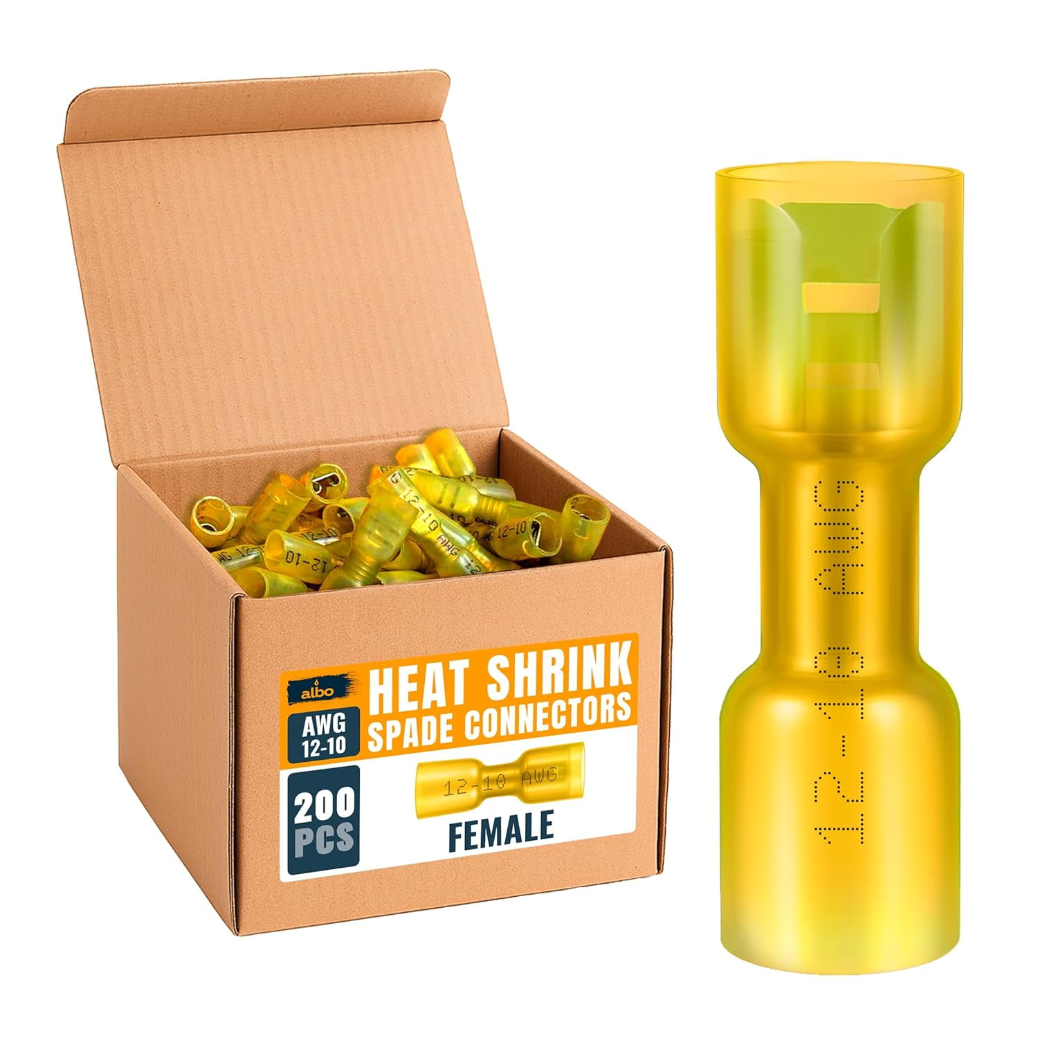 200PCS Yellow Heat Shrink Female Spades AWG 12-10 Heavy-Duty Auto ...