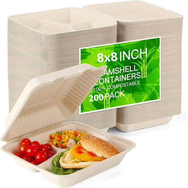 200Pack Compostable to Go Containers 8x8" 3-Compartment Clamshell Take ...