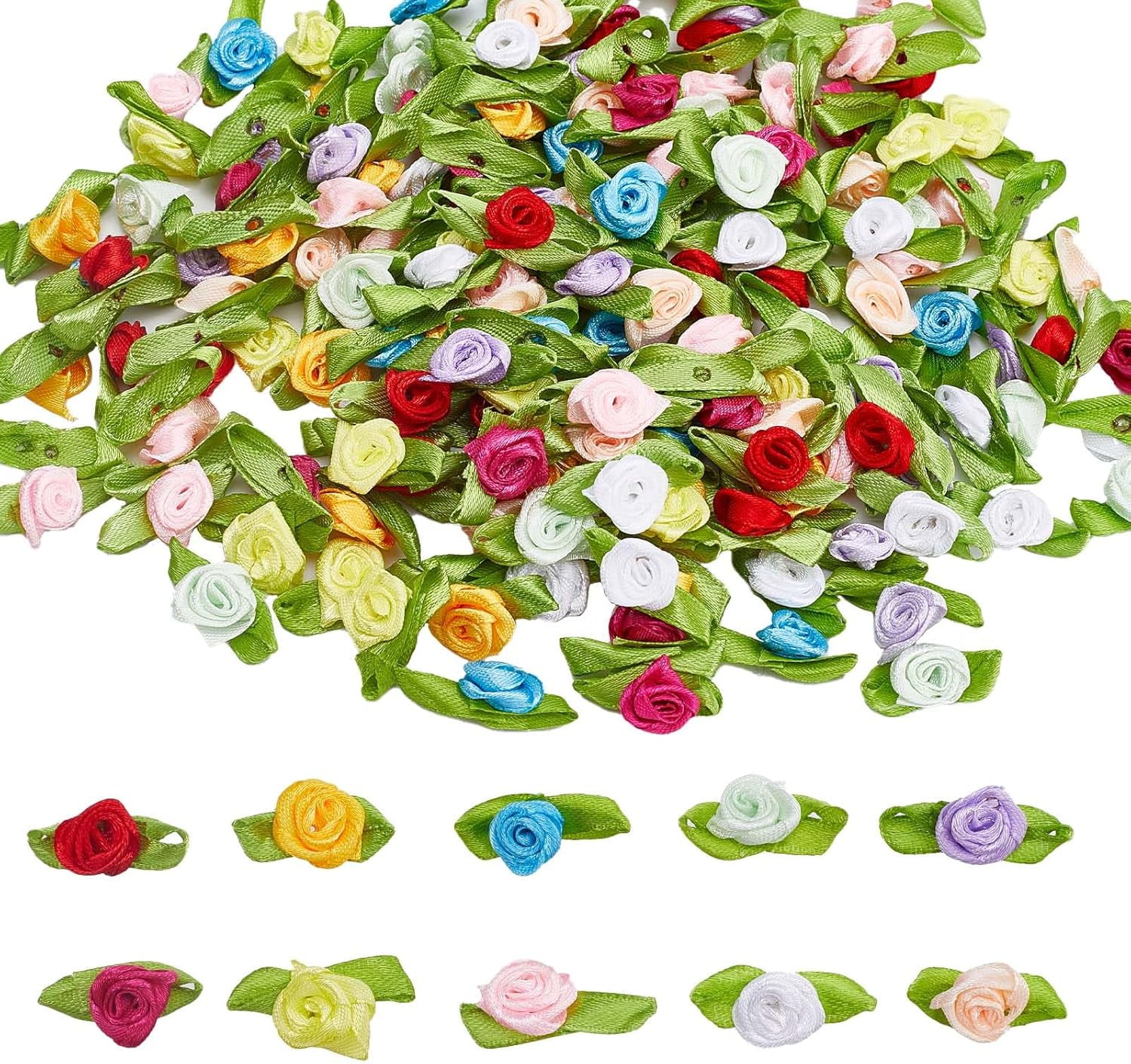 200Pcs 10 colors Mini Ribbon Roses for Crafts Artificial Fabric Flowers ...