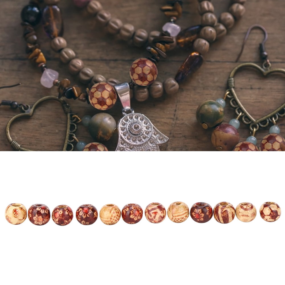 200Pcs 10mm Beautiful Print Wood Beads Kit DIY Material Jewelry Bead ...