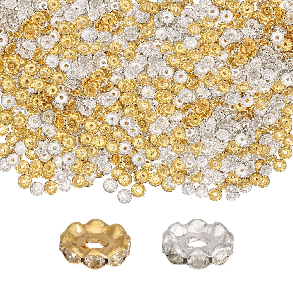 200Pcs 2 Colors Alloy Spacer Beads with Rhinestone Flat Round Wavy Edge ...