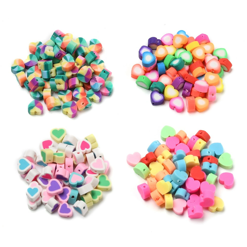 200Pcs 4 Style Handmade Polymer Clay Beads Heart Mixed Color 9~10x10 ...