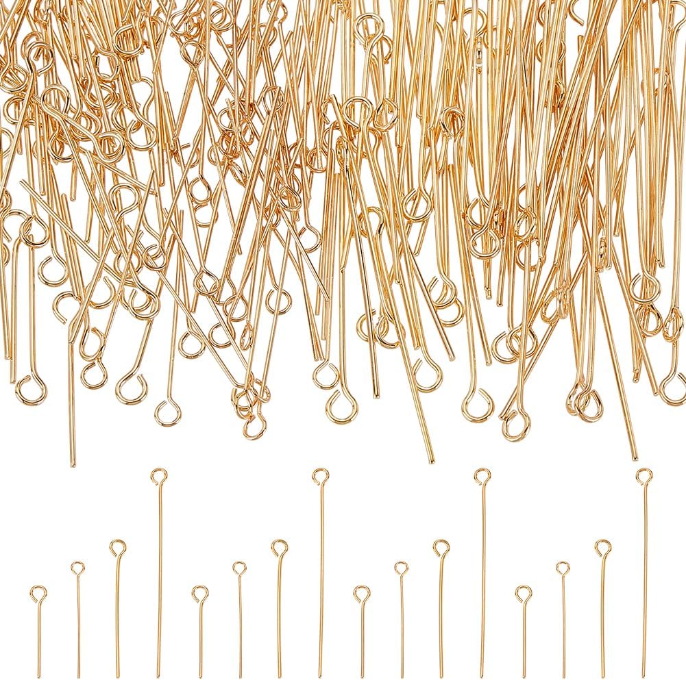 200Pcs 4 Styles 18k Real Gold Plated Eye Pins Brass Open Eye Head Pins ...