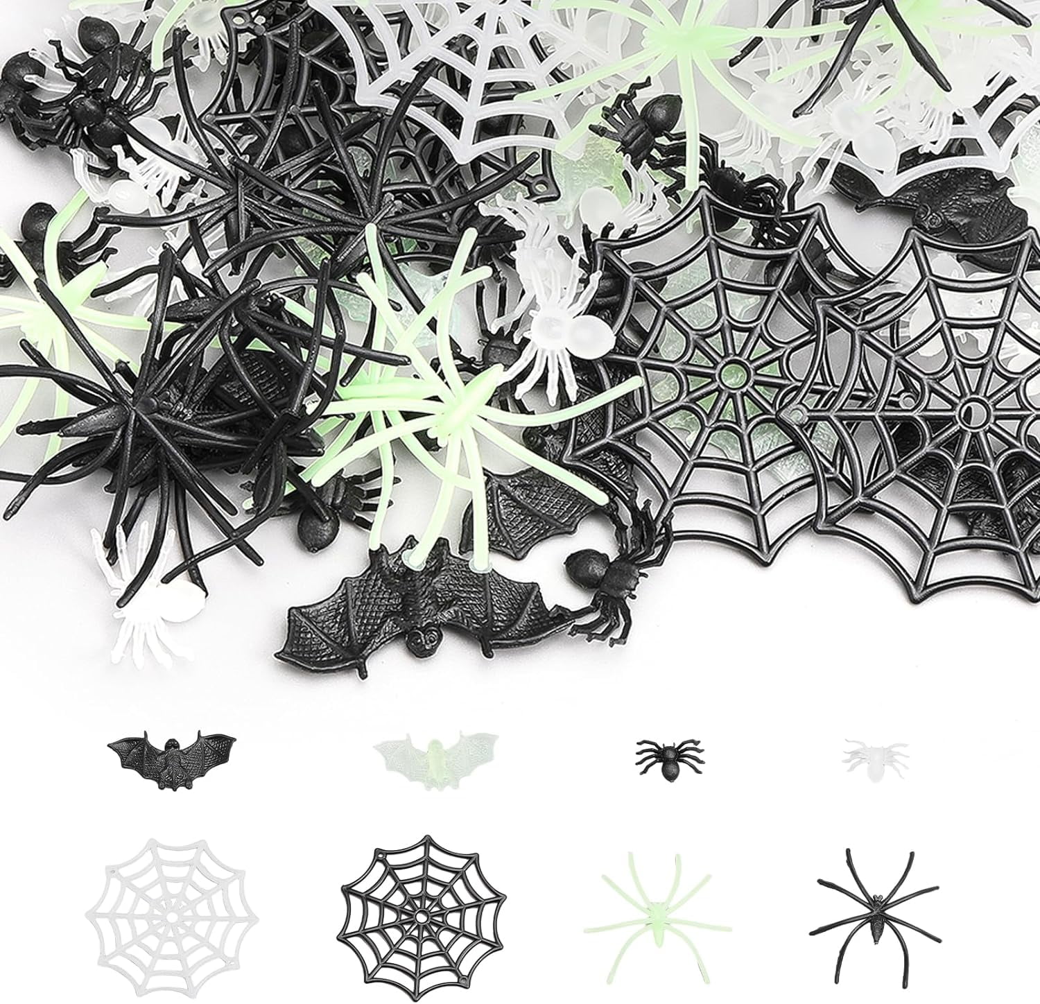 200Pcs 8Styles Realistic Plastic Spider Scary Spider Web Bat Luminous ...