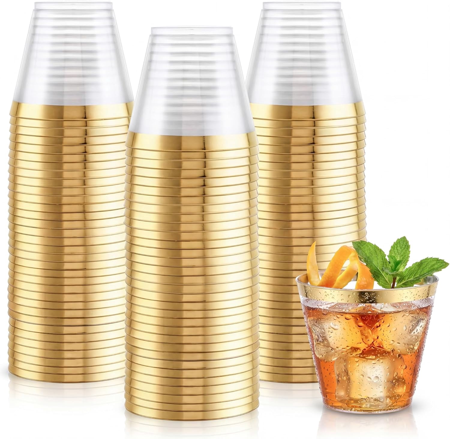 200Pcs 9OZ Clear Cups - Plastic Disposable Cups with Gold Trim, Heavy ...