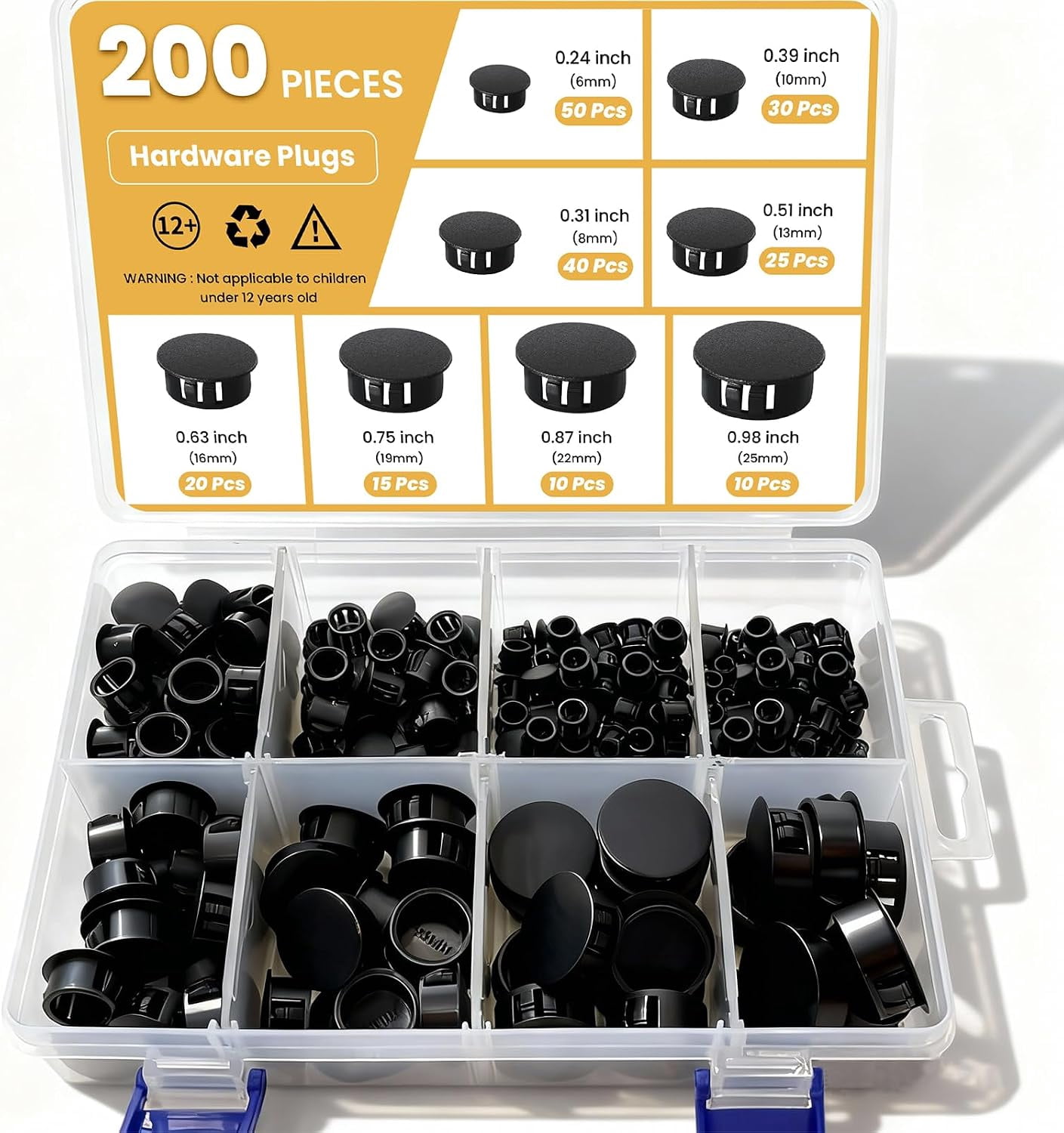 200Pcs Black Nylon Hole Plugs Assortment Kit, 1/4" 5/16" 3/8" 1/2" 5/8 ...
