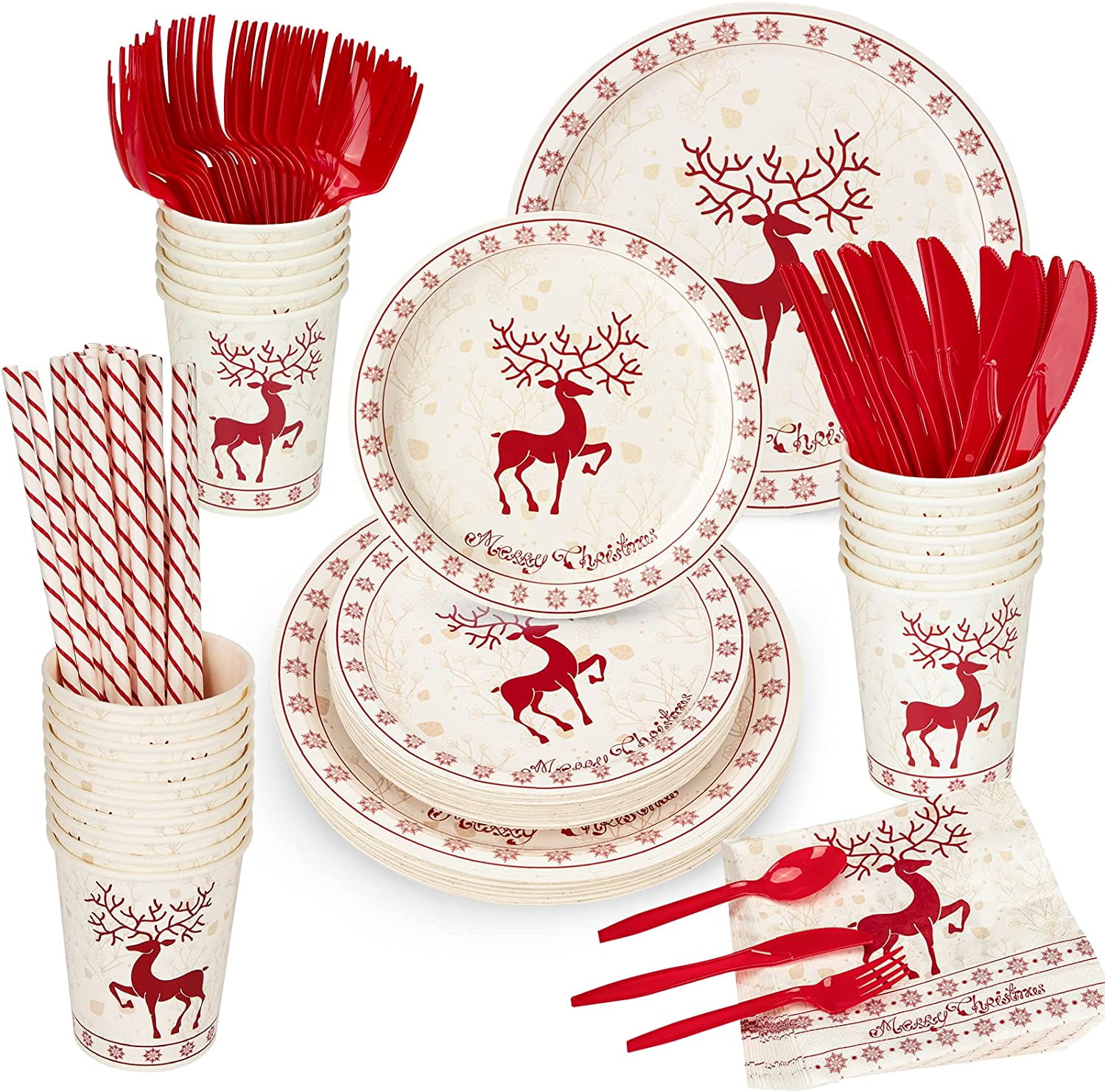 200Pcs Christmas Disposable Dinnerware Set, Christmas Moose Decorations ...