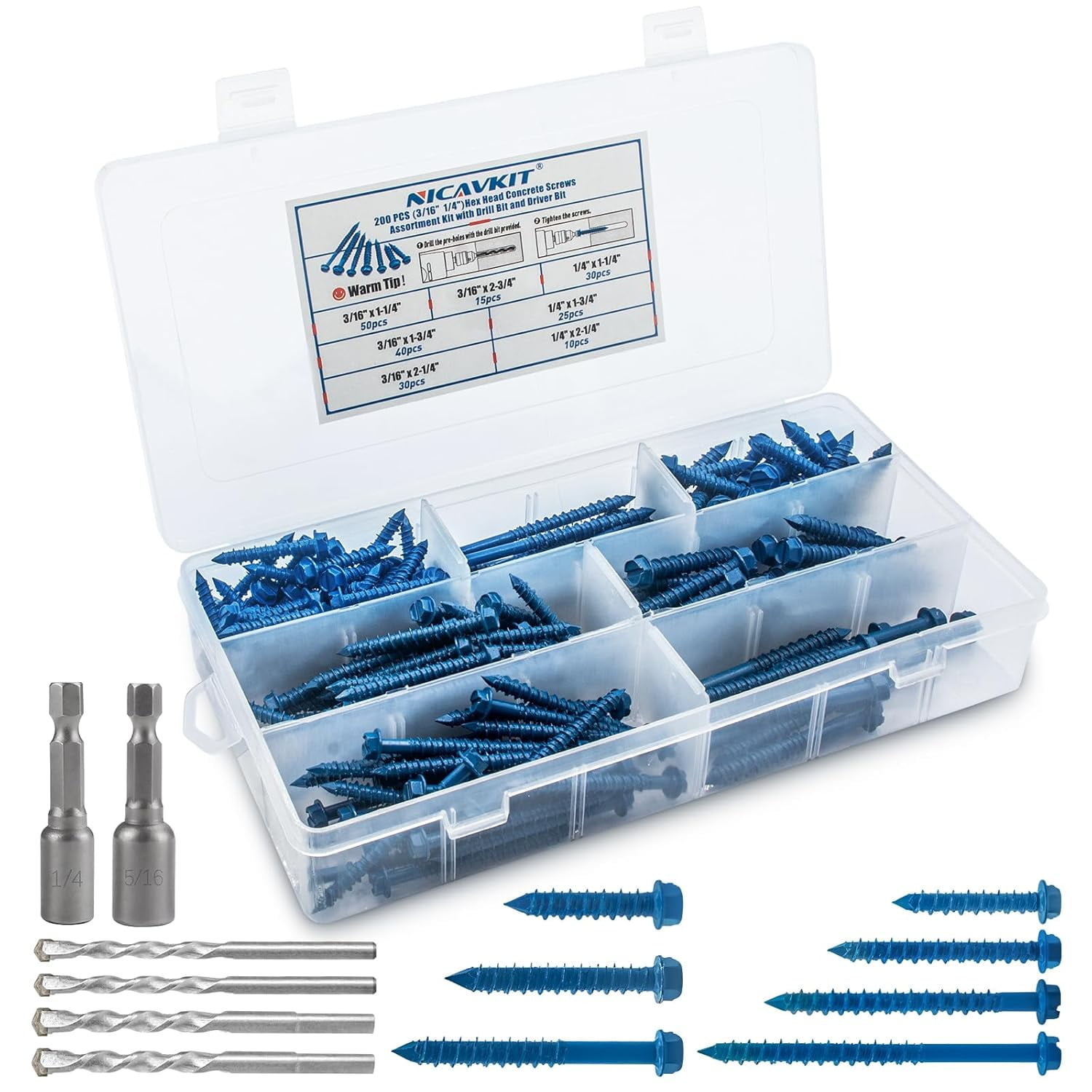 200Pcs Concrete Screws with Drill Bit and Driver bit, 3/16" 1/4" Hex ...