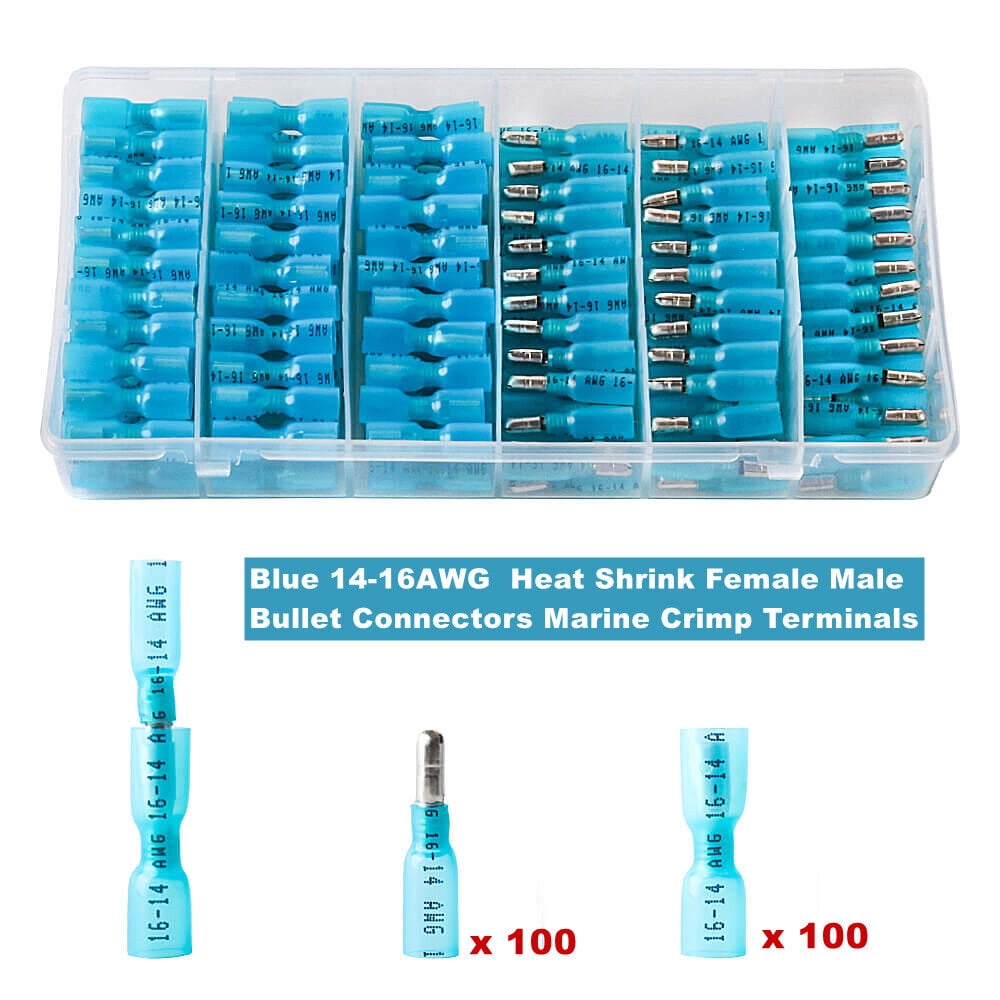 200Pcs Heat Shrink Bullet Male Female Spade Terminals AWG 16-14 Wire ...