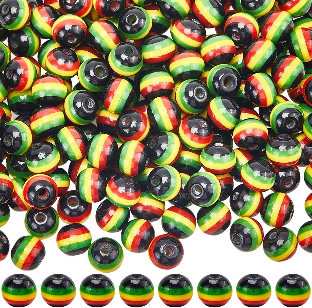 200Pcs Jamaica Beads Striped Bead Bulk 8mm Black Red Green Yellow Resin ...