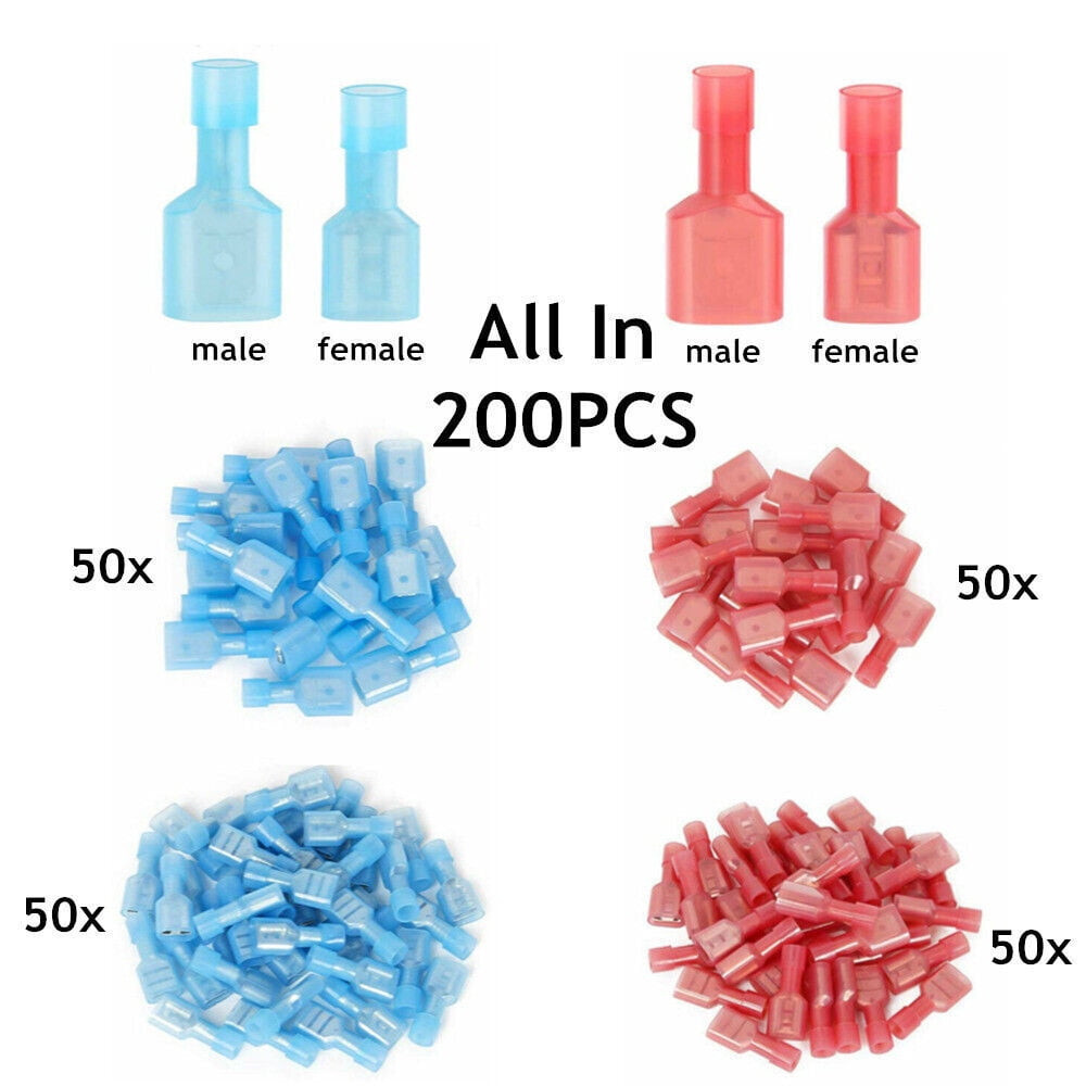 200Pcs Nylon Fully Insulated AWG22-14 Wire Spade Terminals Crimp ...