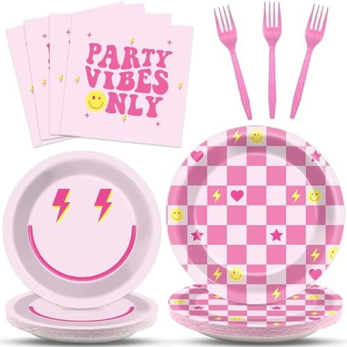 200Pcs Preppy Party Supplies Pink Smile Face Paper Plates Napkins ...