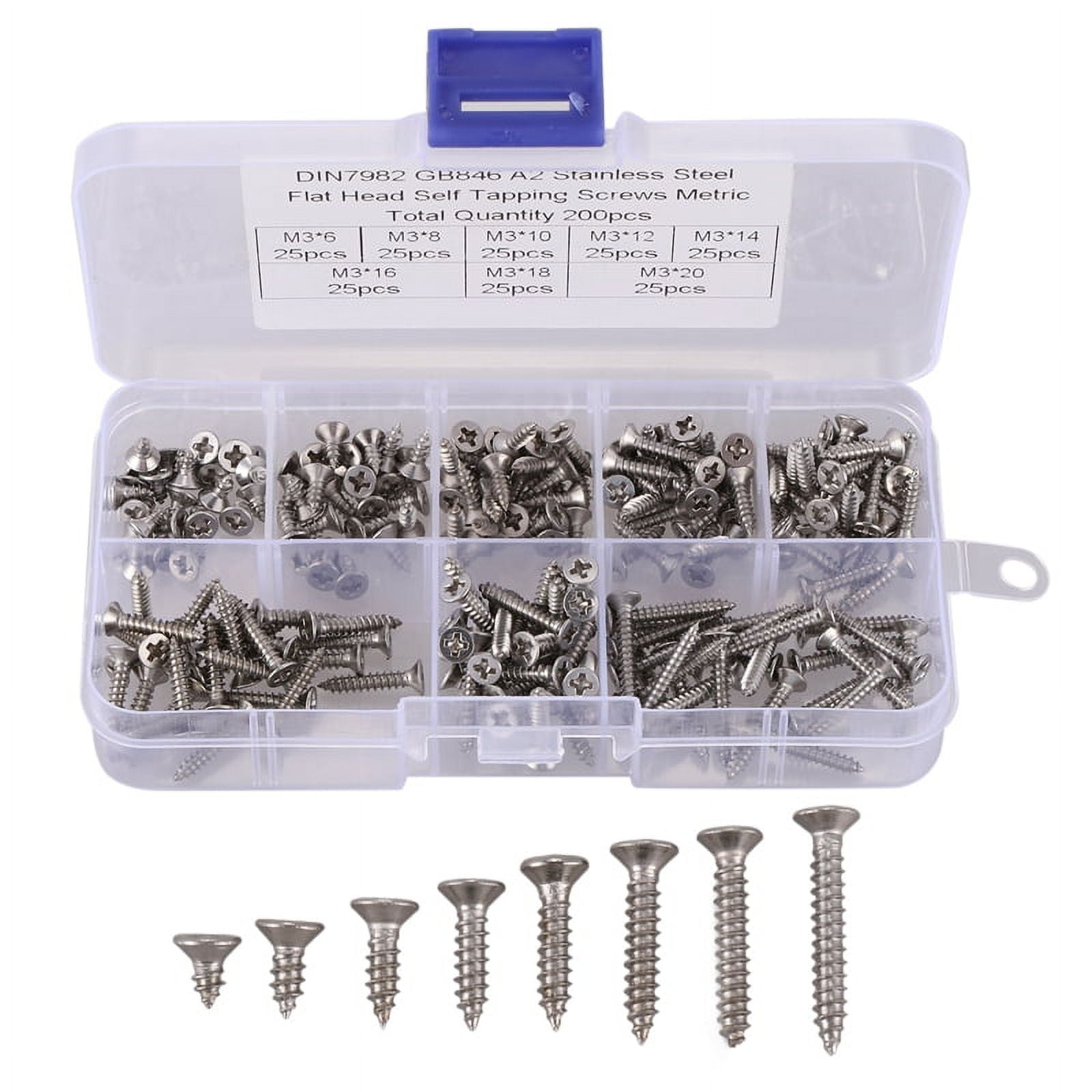 200Pcs Stainless Steel Flat Screws Kits High Strength Self-Tapping ...