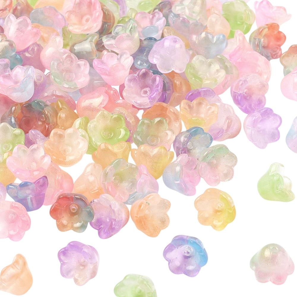 200Pcs Transparent Glass Beads Caps with Glitter Powder Flower Mixed ...