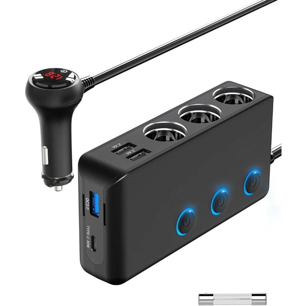200W 3-Socket Car Cigarette Lighter Splitter with PD30W USB-C & LED ...
