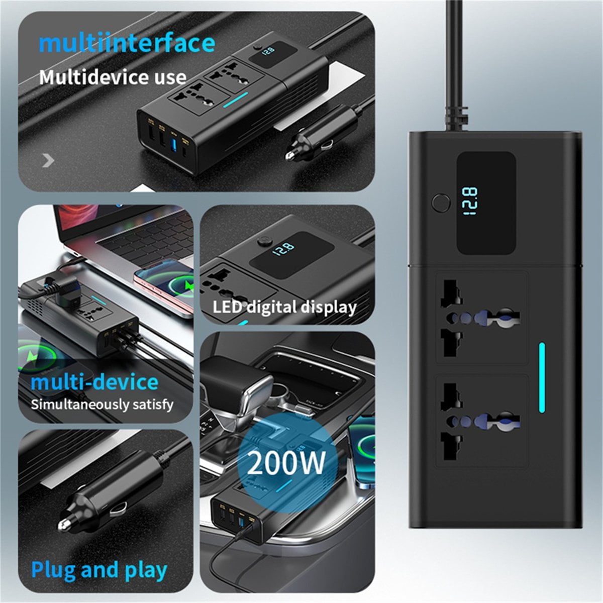 200W Car Inverter DC 12V to AC 220V Inverter PD QC3.0 4USB Ports Dual ...