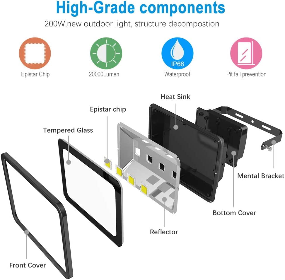 200W LED Flood Lights 6000K Daylight White Lighting Fixtures Super ...