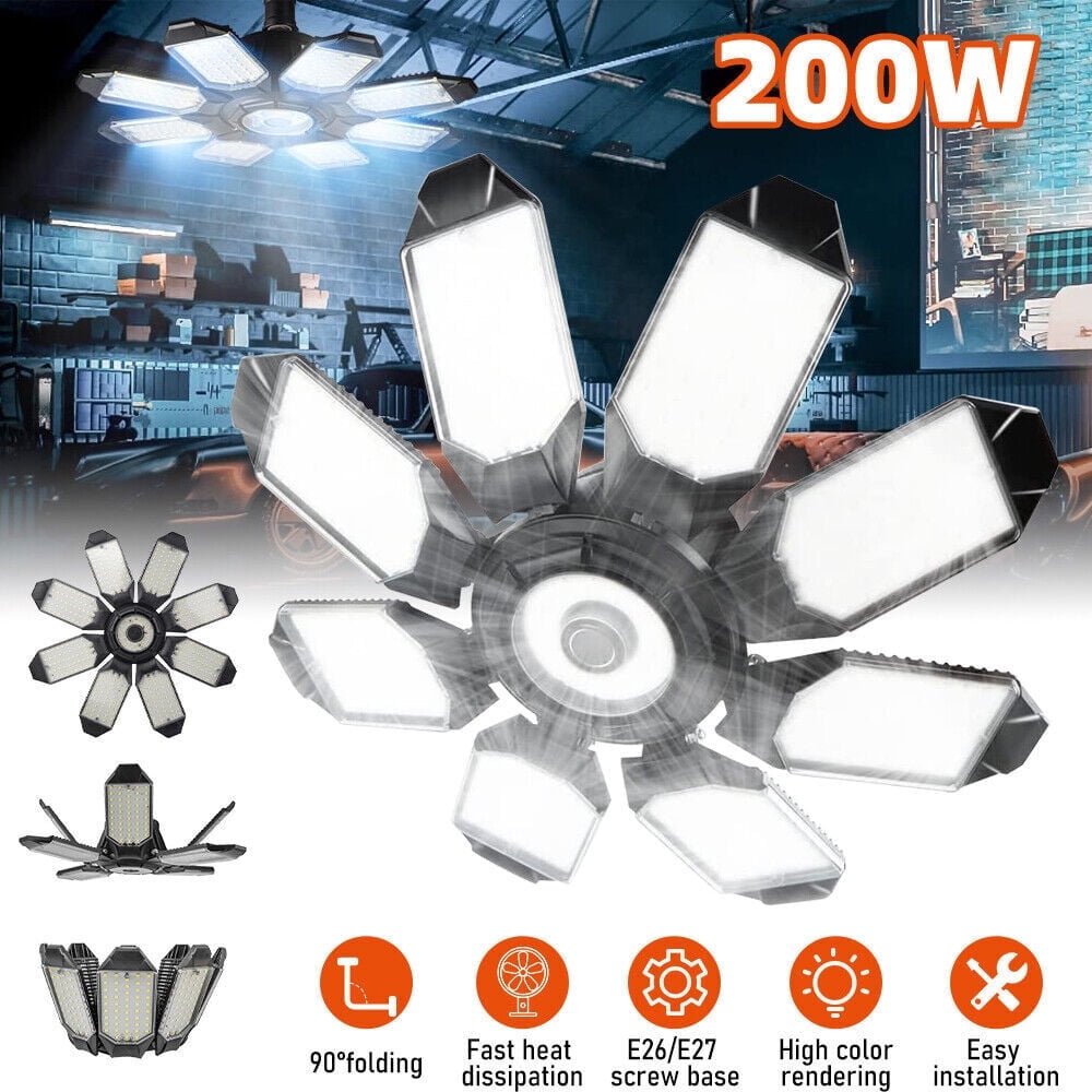 200W LED Garage Light 30000lm Deformable Ceiling Shop Light with 8+1 ...
