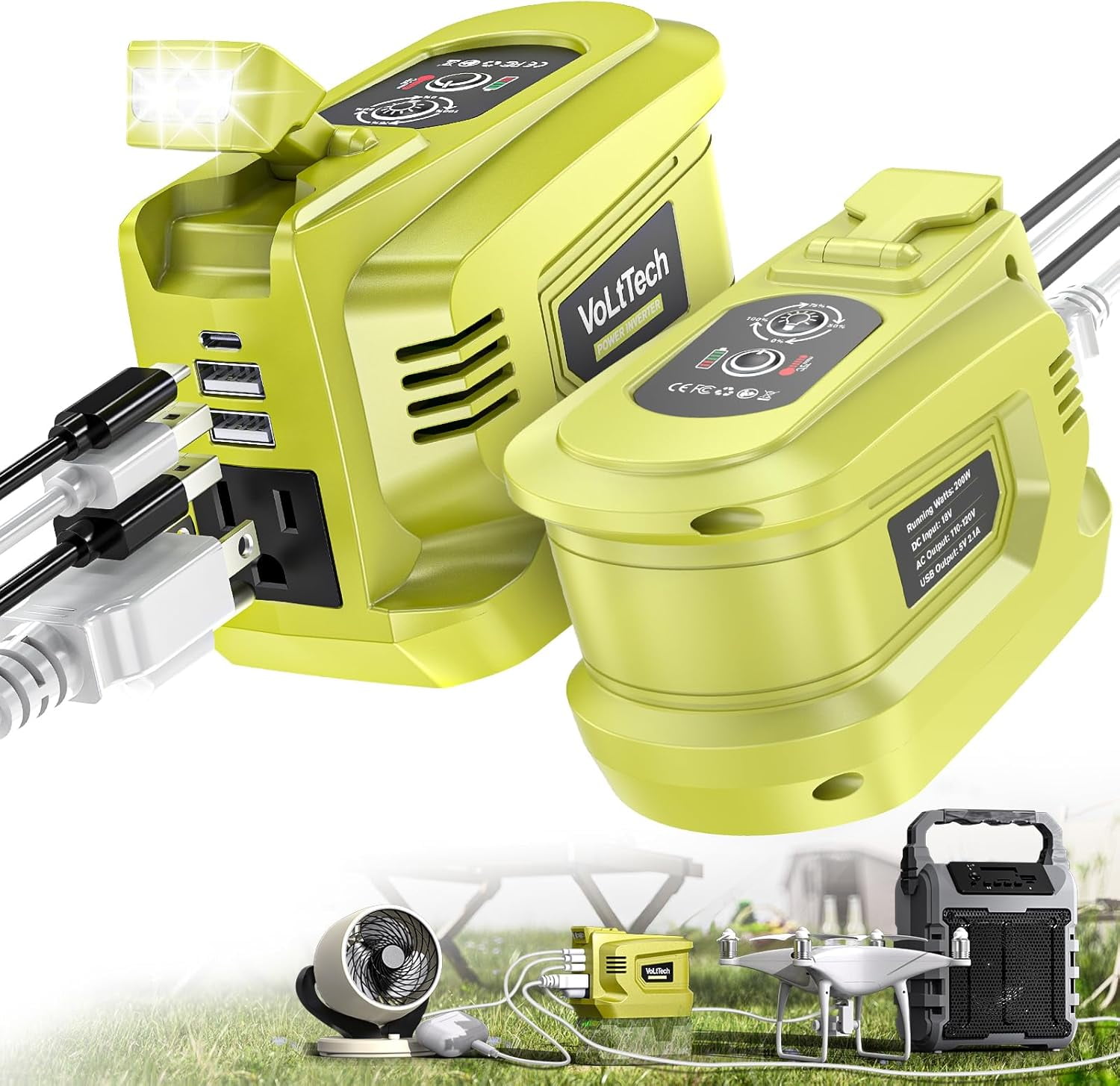 200W Power Inverter 2pcs Compatible with Ryobi, DC 18V to AC 110-120V ...