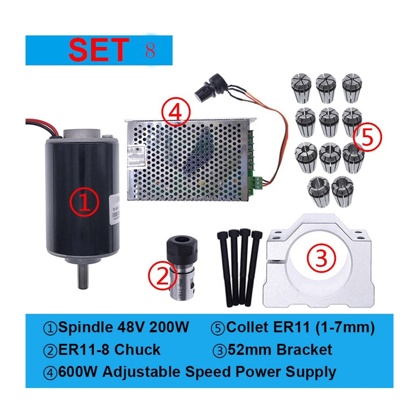 200W500W Spindle Motor 100V + Power Supply Speed Governor ER11-8mm CNC ...