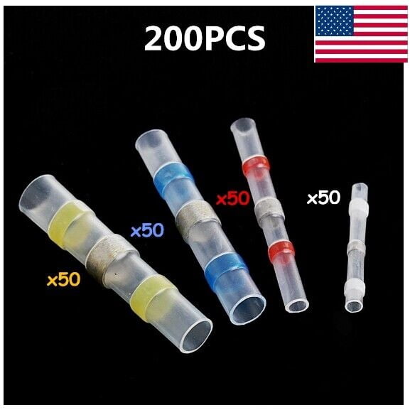 200X Waterproof Solder Seal Heat Shrink Wire Butt Terminal Connector ...