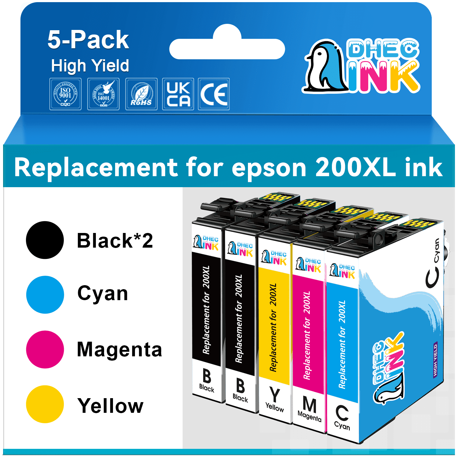 DHECINK 200XL Ink Cartridge, 5-Pack, High-Yield, for Epson XP-200, XP ...