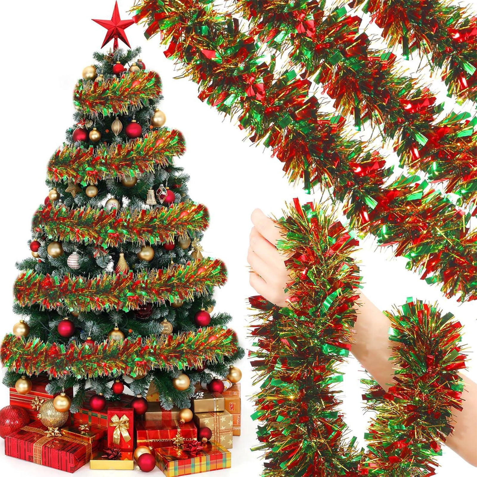 200cm Christmas Garland Decor - Metallic Red Glitter Rattan Twists for ...