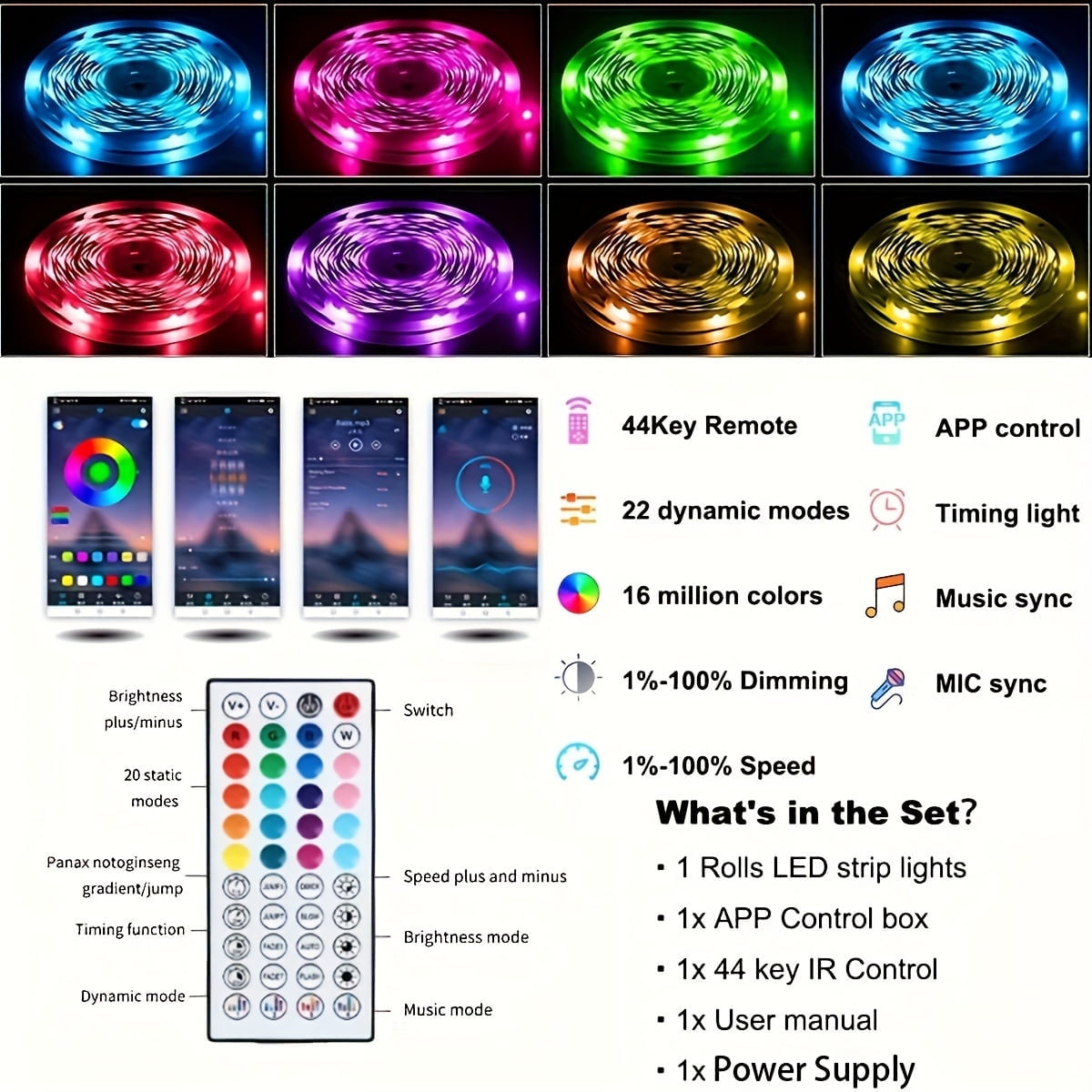 200ft Led Strip Lights 2 Rolls 100ft BT Smart App Control Music Sync Color Changing RGB Light ...