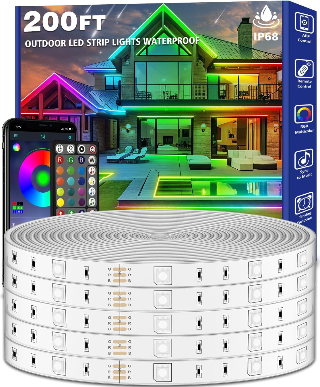 200ft Outdoor LED Strip Lights Waterproof,Music Sync RGB IP68 Outside ...