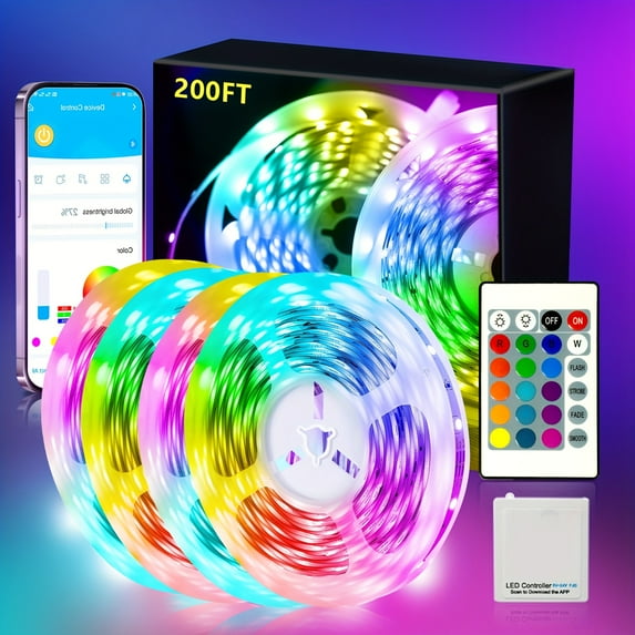 200ft Ultra-Long 5050 Smart RGB LED Strip - App & Remote Control, Color ...