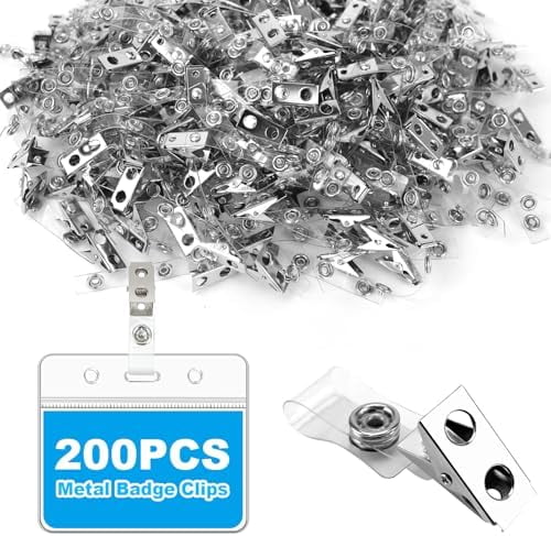 200pc ID Badge Clip,Badge Clips with Strap Clear Strap,Metal Name Badge ...