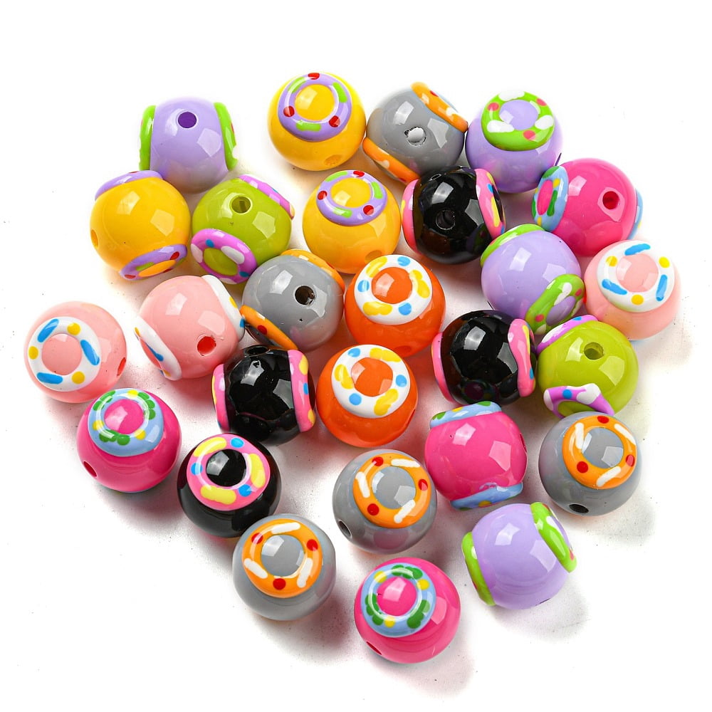 200pc Opaque Acrylic Beads Hand Drawn Beads with Enamel Round Mixed ...