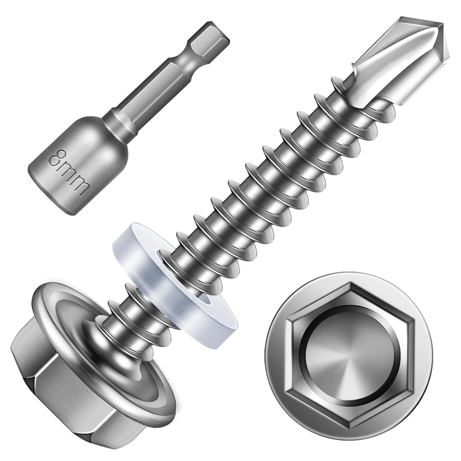 200pcs #10×1-1/4"" Self Drilling Screws for Metal, 410 Stainless Steel, Hex Washer Head Self ...