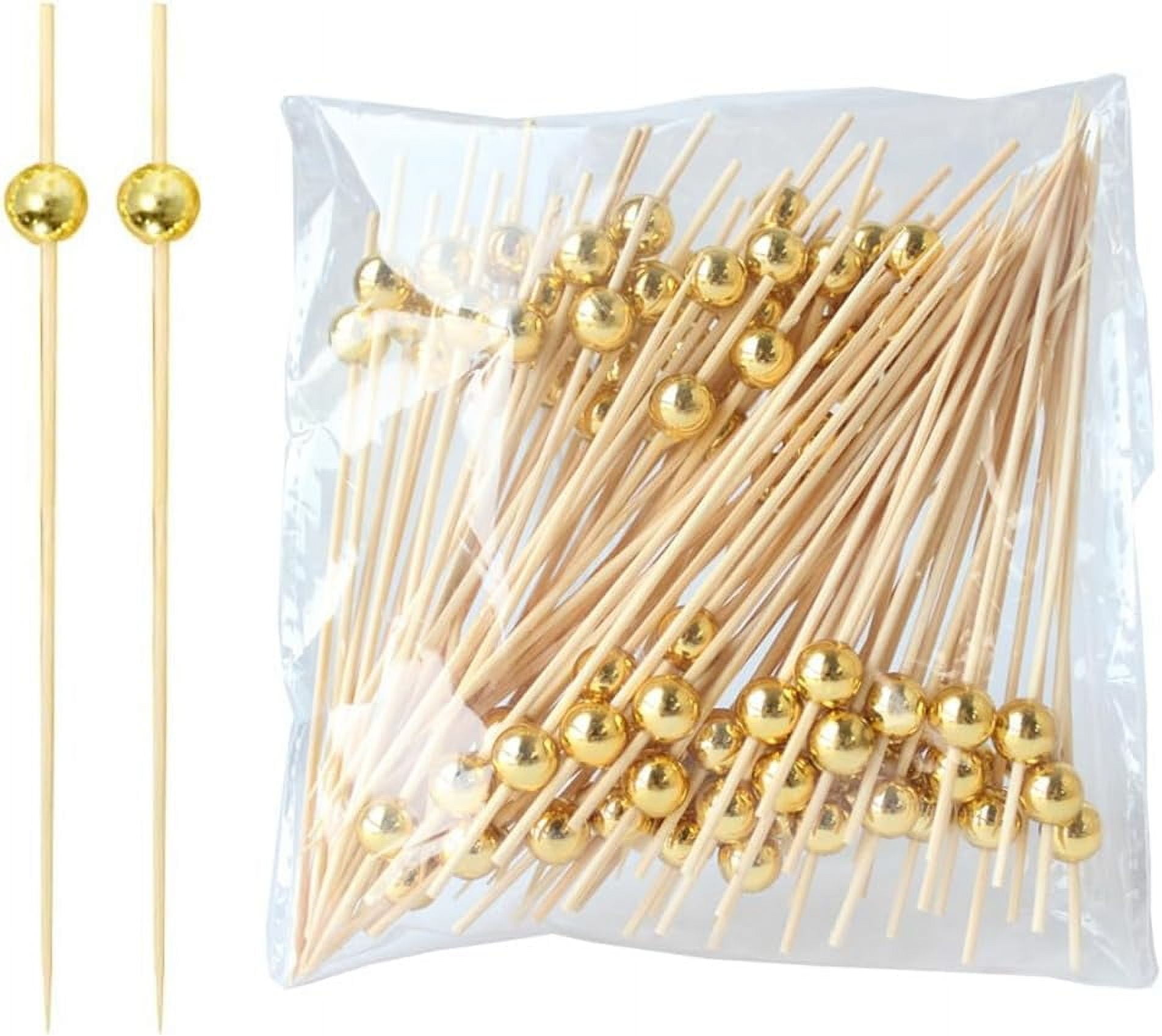 200pcs 12cm Gold Beaded Wooden Toothpicks Bamboo Fruit Picks Drink ...