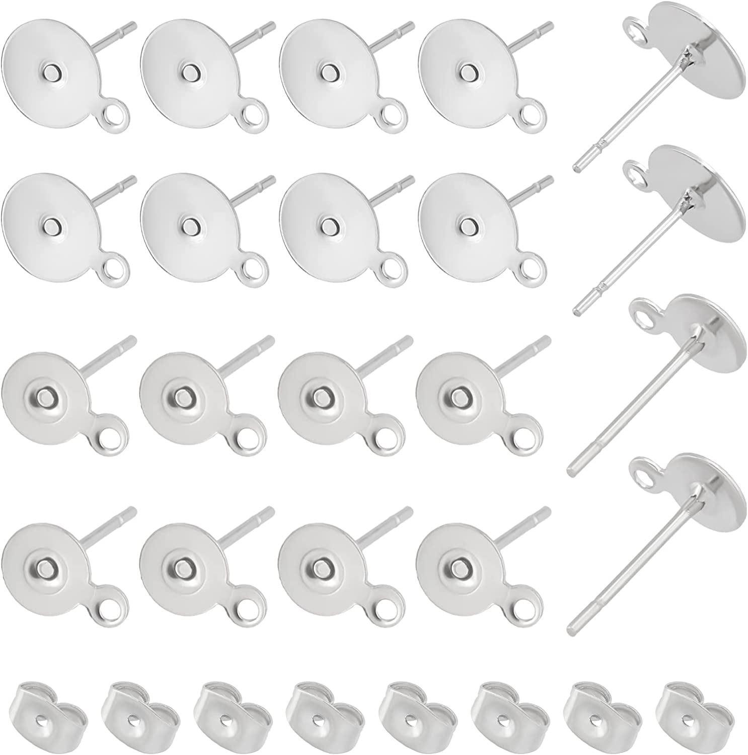 200pcs 2 Sizes 304 Stainless Steel Flat Pad Earring Studs with Loop ...
