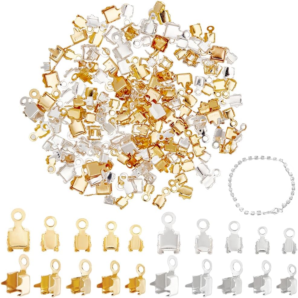 200pcs 5 Sizes Brass Cup Chain Ends Rhinestone Claw Settings 18K Gold ...