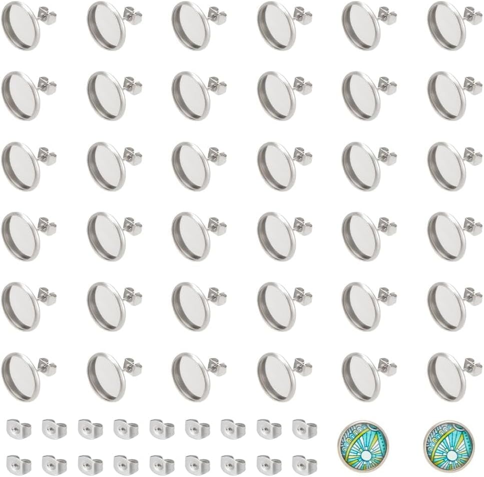 200pcs Flat Round Stainless Steel Stud Earring Cabochon Setting Post ...