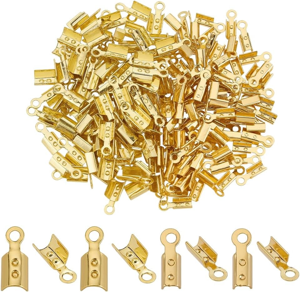 200pcs Fold Over Cord Ends 18K Gold Plated Crimp Beads Leather Ribbon ...