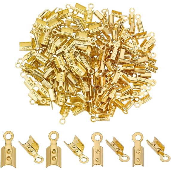 200pcs Fold Over Cord Ends 18K Gold Plated Crimp Beads Leather Ribbon ...