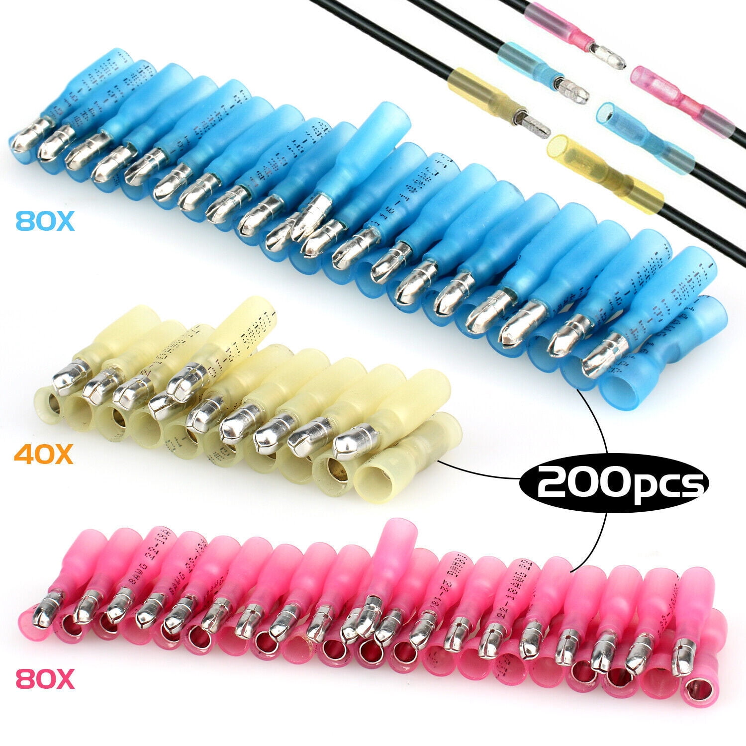 200pcs Heat Shrink Bullet Wire Connectors 22-10AWG Male Female Crimp ...
