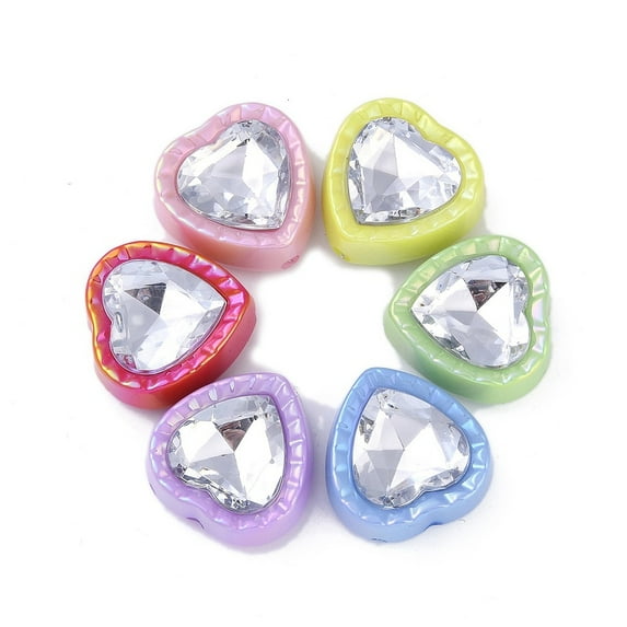 200pcs Iridescent Acrylic with Rhinestone Beads Flat Round Mixed Color ...