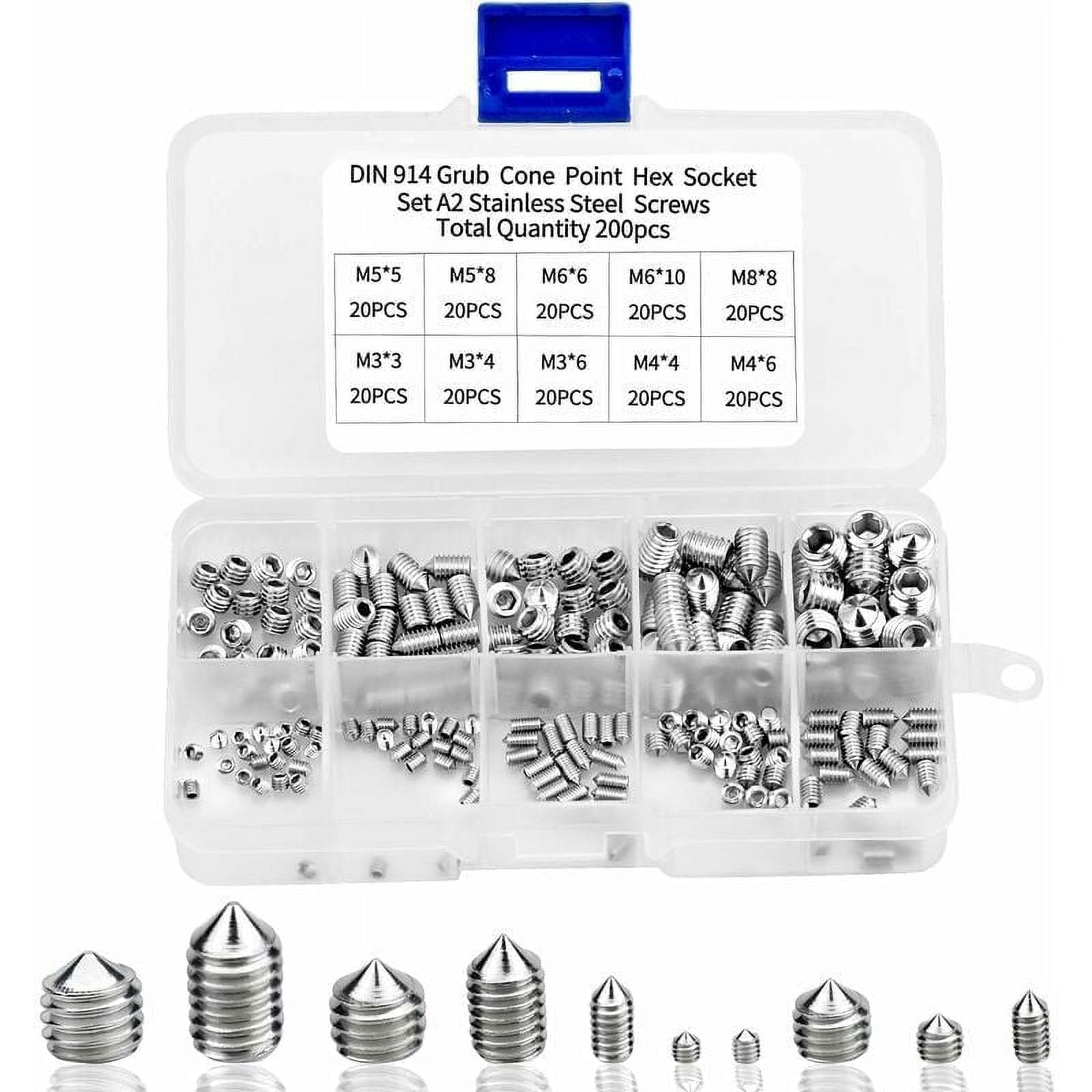 Tletseagh 200pcs Needle Screw Hexagon Headless Screw, M3 M4 M5 M6 M8 ...