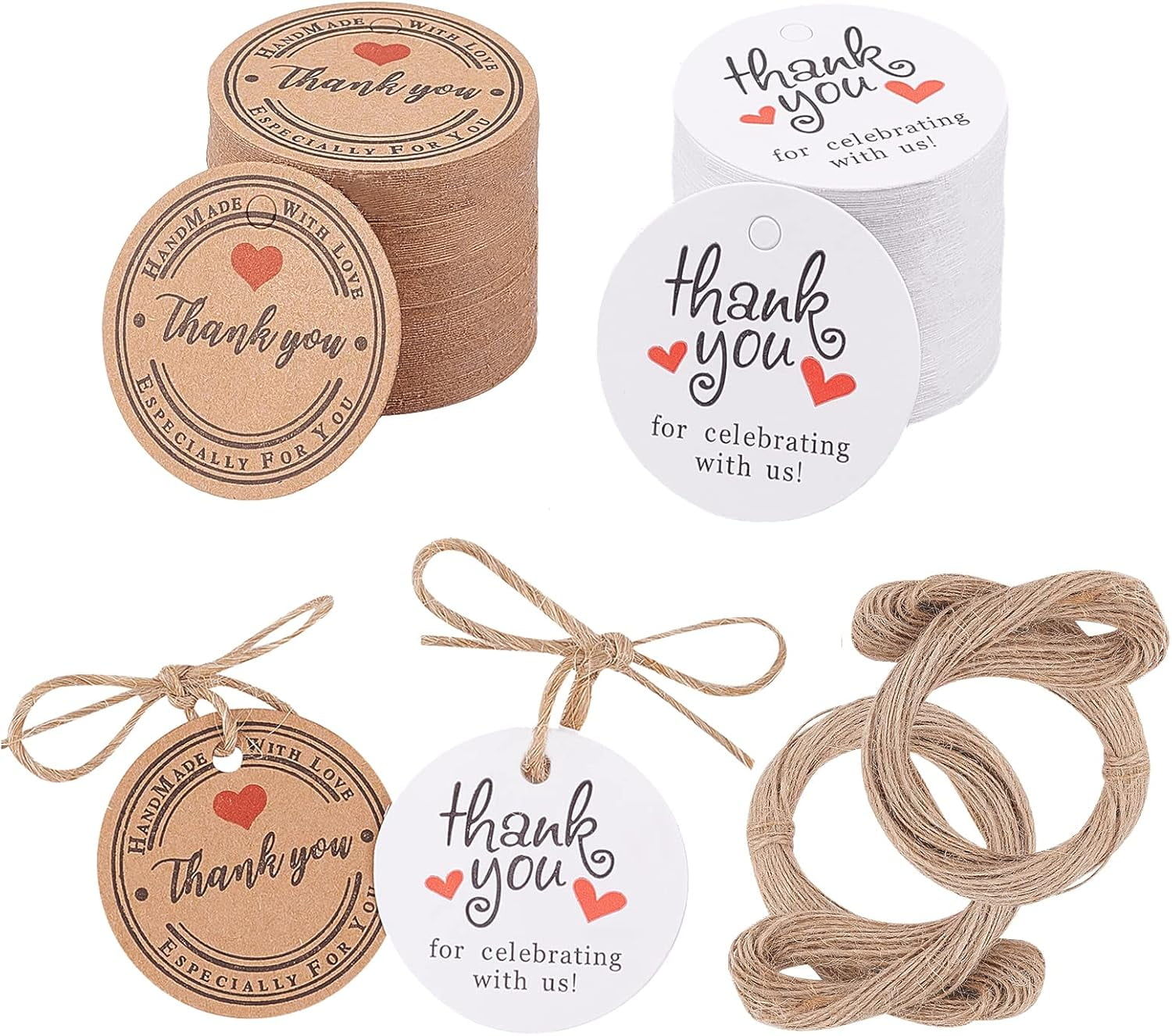 200Pcs Thank You Gift Tags Round Paper Hang Tags with Jute Twine Brown ...