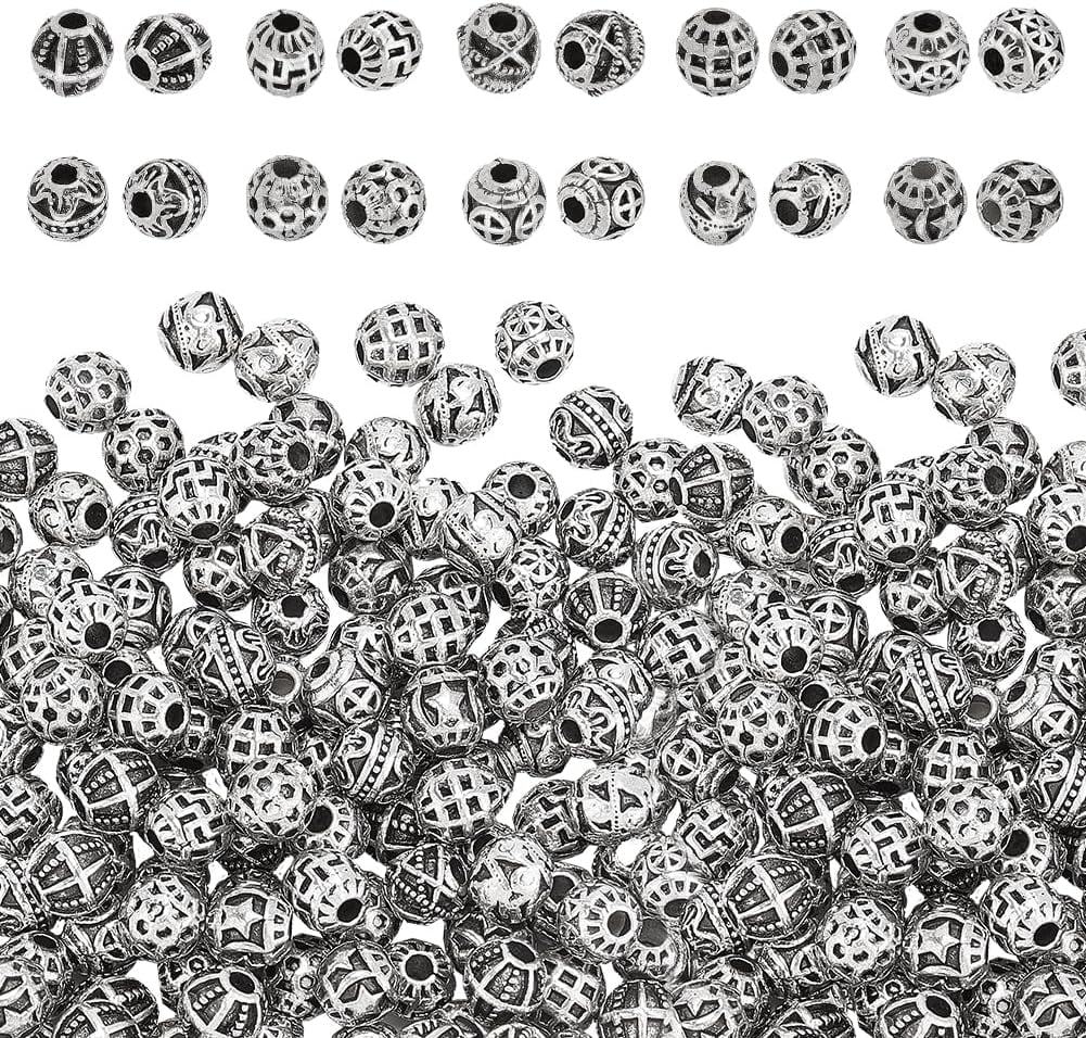 200pcs Silver Spacer Beads 10 Styles 6mm Tibetan Alloy Bead Spacer ...
