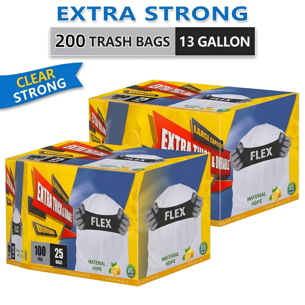 200pcs Strong 13 Gallon Tall Kitchen Drawstring Trash Bags, Unscented ...