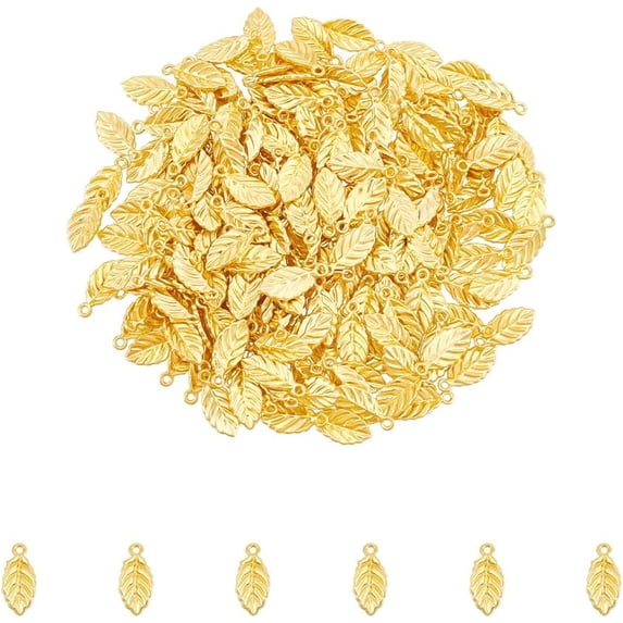 200pcs Vintage Leaf Charms - 15mm Golden Alloy Pendants Earring Charms ...