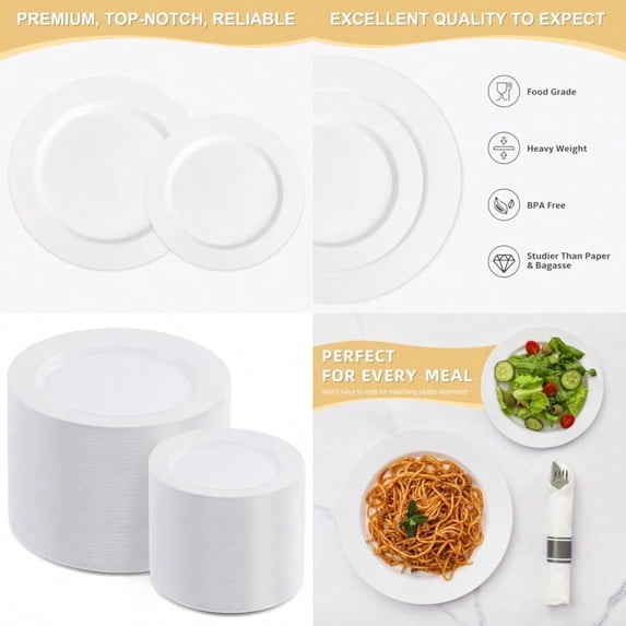 200pcs White Plastic Plates Disposable Plates for Party Heavy Duty ...