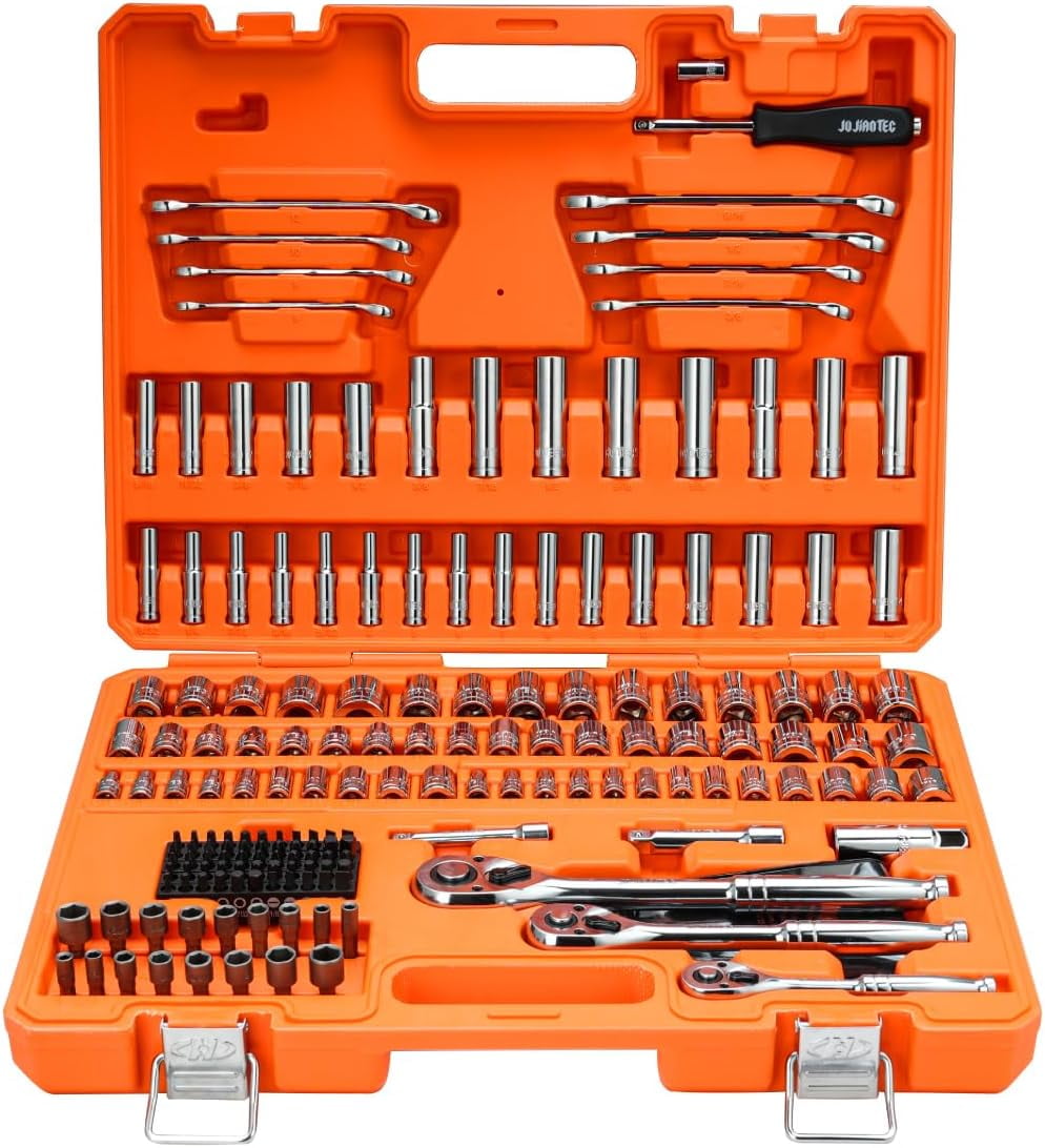201 Piece Mechanics Tools Kit and Socket Set, SAE & Metric, 1/2'', 1/4'', 3/8'' Drive Socket ...